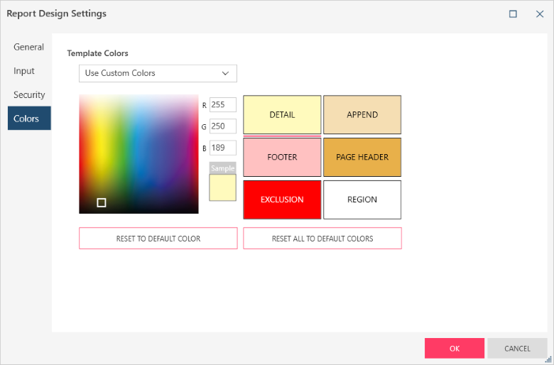 Working with Report/Template Colors