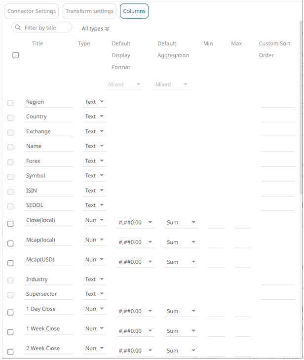 Data Table Column Settings