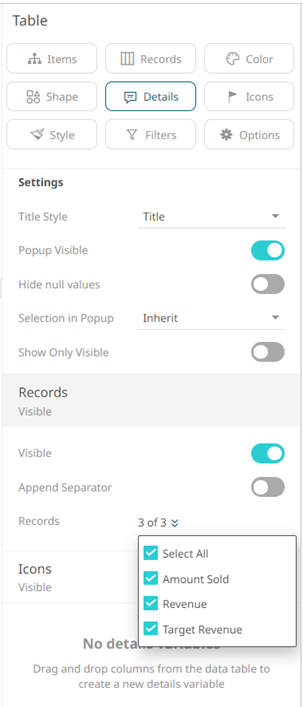 Details Variable Configuration for Visualizations with Records or Visuals Variable