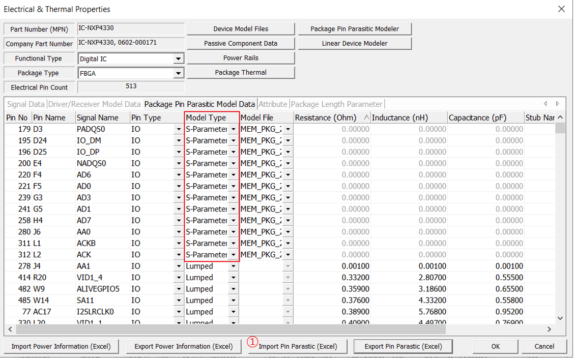 Setting up Pin Parasitics based on S-parameter